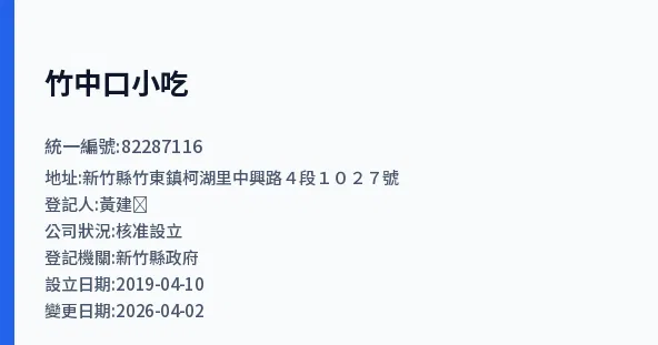 竹中口小吃的照片-統編 82287116(新竹縣) 公司登記資料與營業項目詳細圖表