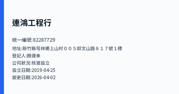 連鴻工程行的照片-統編 82287729(新竹縣) 公司登記資料與營業項目詳細圖表