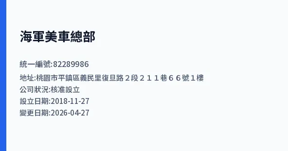 海軍美車總部的照片-統編 82289986(桃園市) 公司登記資料與營業項目詳細圖表