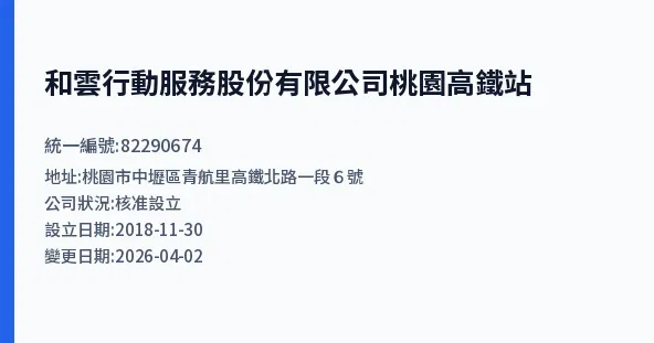 和雲行動服務股份有限公司桃園高鐵站的照片-統編 82290674(桃園市) 公司登記資料與營業項目詳細圖表