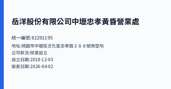 岳洋股份有限公司中壢忠孝黃昏營業處的照片-統編 82291195(桃園市) 公司登記資料與營業項目詳細圖表