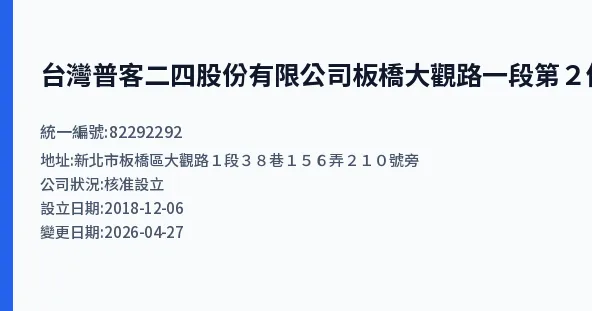 台灣普客二四股份有限公司板橋大觀路一段第2停車場的照片-統編 82292292(新北市) 公司登記資料與營業項目詳細圖表