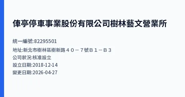 俥亭停車事業股份有限公司樹林藝文營業所的照片-統編 82295501(新北市) 公司登記資料與營業項目詳細圖表