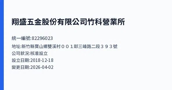 翔盛五金股份有限公司竹科營業所的照片-統編 82296023(新竹縣) 公司登記資料與營業項目詳細圖表