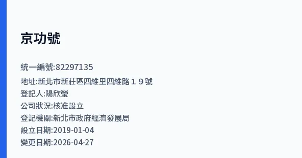 京功號的照片-統編 82297135(新北市) 公司登記資料與營業項目詳細圖表