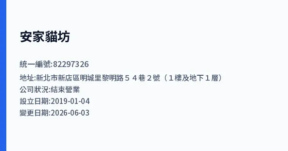 安家貓坊的照片-統編 82297326(新北市) 公司登記資料與營業項目詳細圖表
