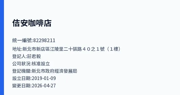 佶安咖啡店的照片-統編 82298211(新北市) 公司登記資料與營業項目詳細圖表