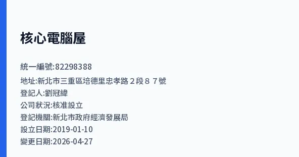 核心電腦屋的照片-統編 82298388(新北市) 公司登記資料與營業項目詳細圖表