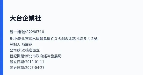 大台企業社的照片-統編 82298710(新北市) 公司登記資料與營業項目詳細圖表