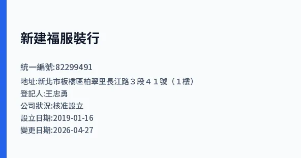 新建福服裝行的照片-統編 82299491(新北市) 公司登記資料與營業項目詳細圖表