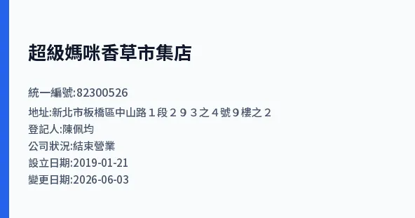 超級媽咪香草市集店的照片-統編 82300526(新北市) 公司登記資料與營業項目詳細圖表