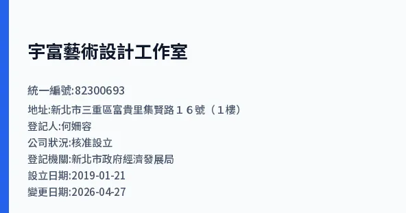 宇富藝術設計工作室的照片-統編 82300693(新北市) 公司登記資料與營業項目詳細圖表