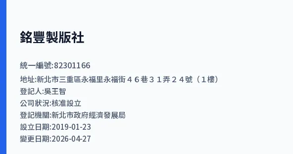 銘豐製版社的照片-統編 82301166(新北市) 公司登記資料與營業項目詳細圖表