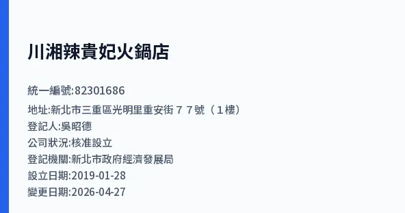 川湘辣貴妃火鍋店的照片-統編 82301686(新北市) 公司登記資料與營業項目詳細圖表
