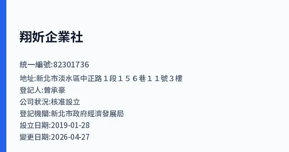 翔妡企業社的照片-統編 82301736(新北市) 公司登記資料與營業項目詳細圖表