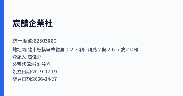 宸鶴企業社的照片-統編 82303880(新北市) 公司登記資料與營業項目詳細圖表