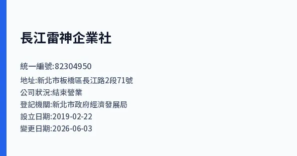 長江雷神企業社的照片-統編 82304950(新北市) 公司登記資料與營業項目詳細圖表