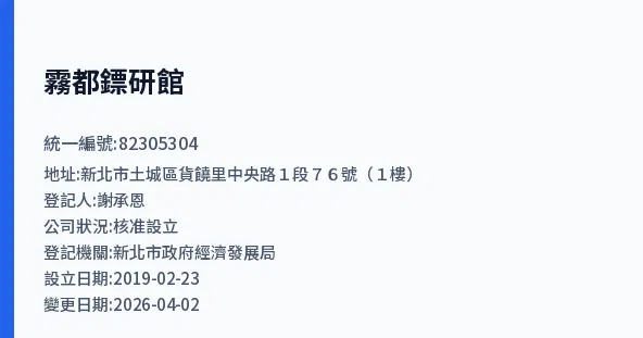 霧都鏢研館的照片-統編 82305304(新北市) 公司登記資料與營業項目詳細圖表