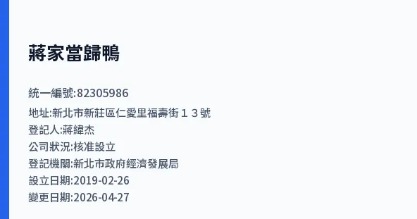 蔣家當歸鴨的照片-統編 82305986(新北市) 公司登記資料與營業項目詳細圖表