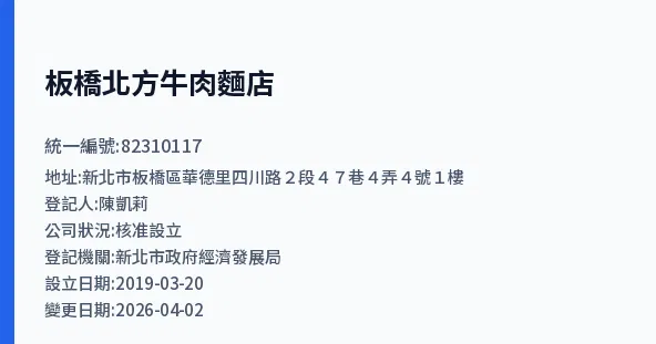 板橋北方牛肉麵店的照片-統編 82310117(新北市) 公司登記資料與營業項目詳細圖表