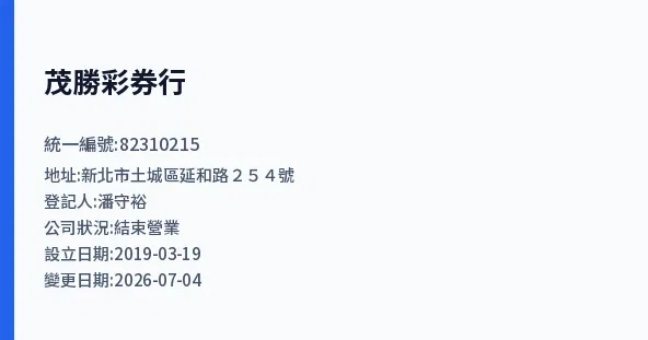 茂勝彩券行的照片-統編 82310215(新北市) 公司登記資料與營業項目詳細圖表