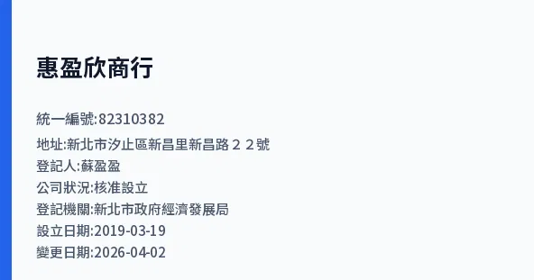 惠盈欣商行的照片-統編 82310382(新北市) 公司登記資料與營業項目詳細圖表