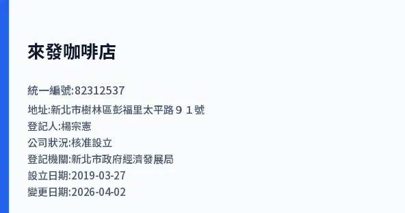 來發咖啡店的照片-統編 82312537(新北市) 公司登記資料與營業項目詳細圖表