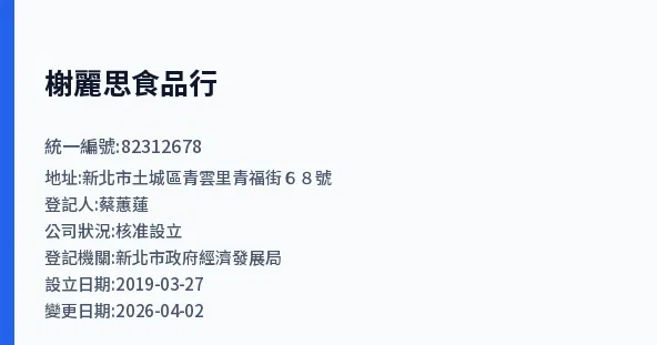 榭麗思食品行的照片-統編 82312678(新北市) 公司登記資料與營業項目詳細圖表