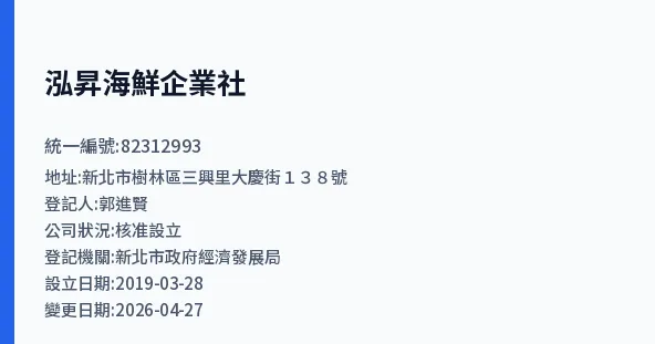 泓昇海鮮企業社的照片-統編 82312993(新北市) 公司登記資料與營業項目詳細圖表