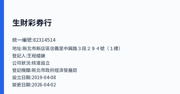 生財彩券行的照片-統編 82314514(新北市) 公司登記資料與營業項目詳細圖表