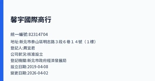 馨宇國際商行的照片-統編 82314704(新北市) 公司登記資料與營業項目詳細圖表