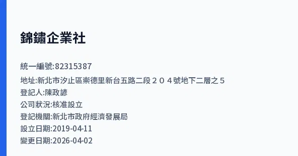 錦鏽企業社的照片-統編 82315387(新北市) 公司登記資料與營業項目詳細圖表