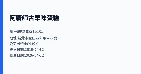 阿慶師古早味蛋糕的照片-統編 82316105(新北市) 公司登記資料與營業項目詳細圖表