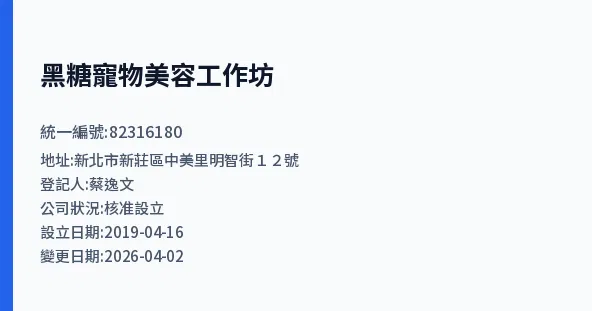 黑糖寵物美容工作坊的照片-統編 82316180(新北市) 公司登記資料與營業項目詳細圖表