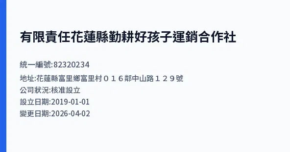 有限責任花蓮縣勤耕好孩子運銷合作社的照片-統編 82320234(花蓮縣) 公司登記資料與營業項目詳細圖表