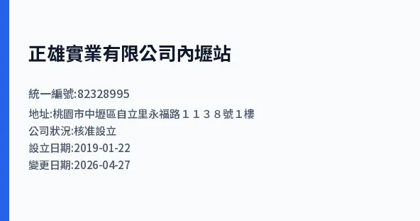 正雄實業有限公司內壢站的照片-統編 82328995(桃園市) 公司登記資料與營業項目詳細圖表