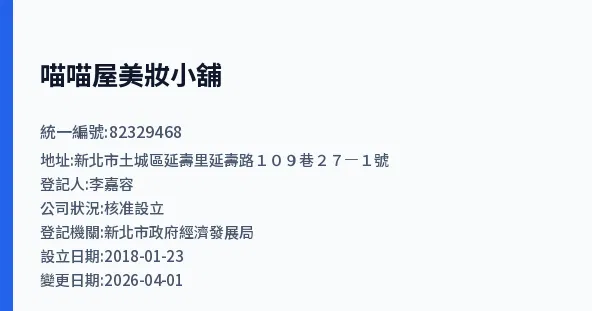 喵喵屋美妝小舖的照片-統編 82329468(新北市) 公司登記資料與營業項目詳細圖表