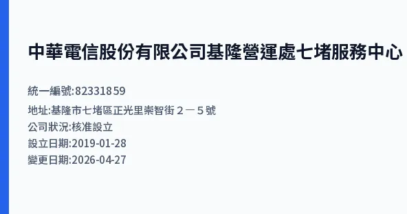 中華電信股份有限公司基隆營運處七堵服務中心的照片-統編 82331859(基隆市) 公司登記資料與營業項目詳細圖表