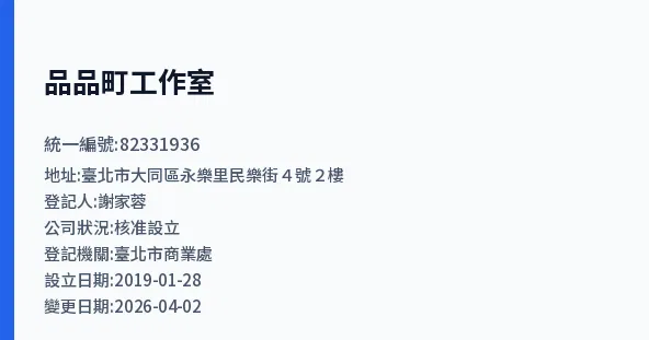 品品町工作室的照片-統編 82331936(臺北市) 公司登記資料與營業項目詳細圖表