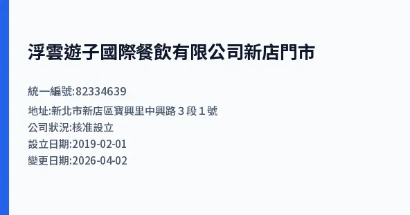 浮雲遊子國際餐飲有限公司新店門市的照片-統編 82334639(新北市) 公司登記資料與營業項目詳細圖表