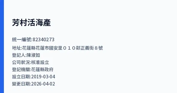 芳村活海產的照片-統編 82340273(花蓮縣) 公司登記資料與營業項目詳細圖表