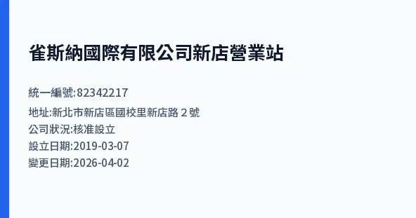 雀斯納國際有限公司新店營業站的照片-統編 82342217(新北市) 公司登記資料與營業項目詳細圖表