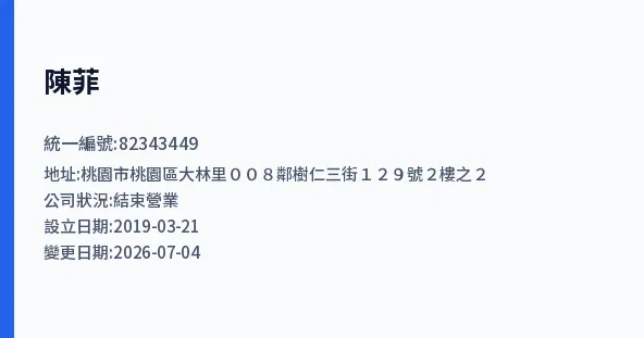陳菲的照片-統編 82343449(桃園市) 公司登記資料與營業項目詳細圖表