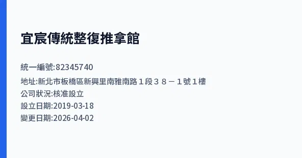 宜宸傳統整復推拿館的照片-統編 82345740(新北市) 公司登記資料與營業項目詳細圖表