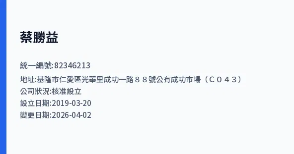 蔡勝益的照片-統編 82346213(基隆市) 公司登記資料與營業項目詳細圖表