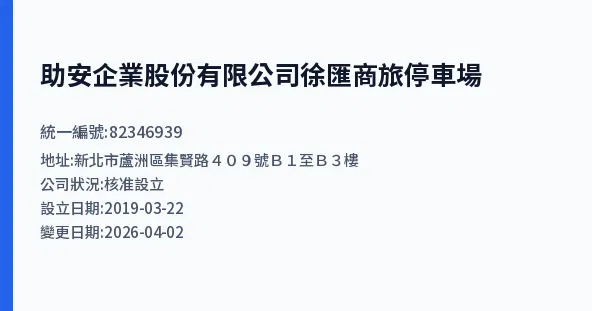 助安企業股份有限公司徐匯商旅停車場的照片-統編 82346939(新北市) 公司登記資料與營業項目詳細圖表