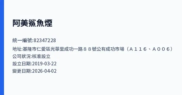 阿美鯊魚煙的照片-統編 82347228(基隆市) 公司登記資料與營業項目詳細圖表