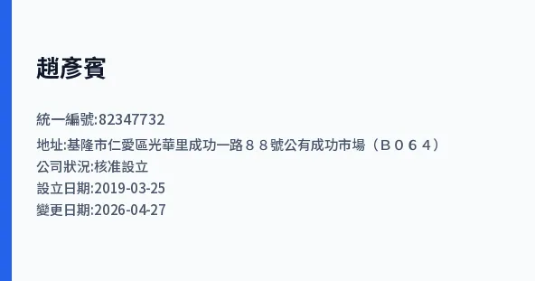 趙彥賓的照片-統編 82347732(基隆市) 公司登記資料與營業項目詳細圖表