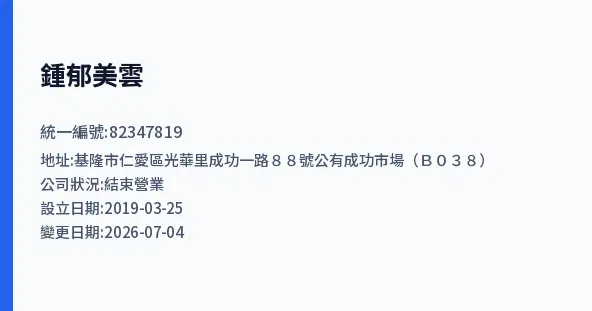 鍾郁美雲的照片-統編 82347819(基隆市) 公司登記資料與營業項目詳細圖表