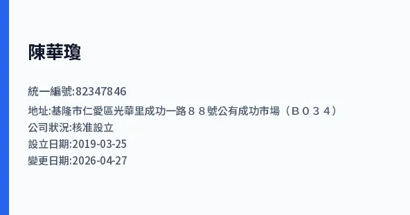 陳華瓊的照片-統編 82347846(基隆市) 公司登記資料與營業項目詳細圖表